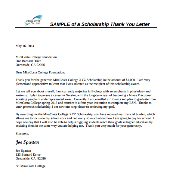 Scholarship Thank You Letter 11 Download Documents In PDF Word