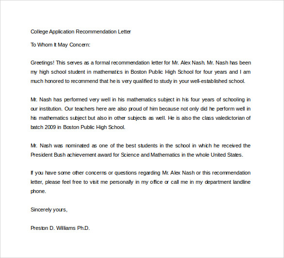 Sample College Recommendation Letter 14 Free Documents In Word PDF