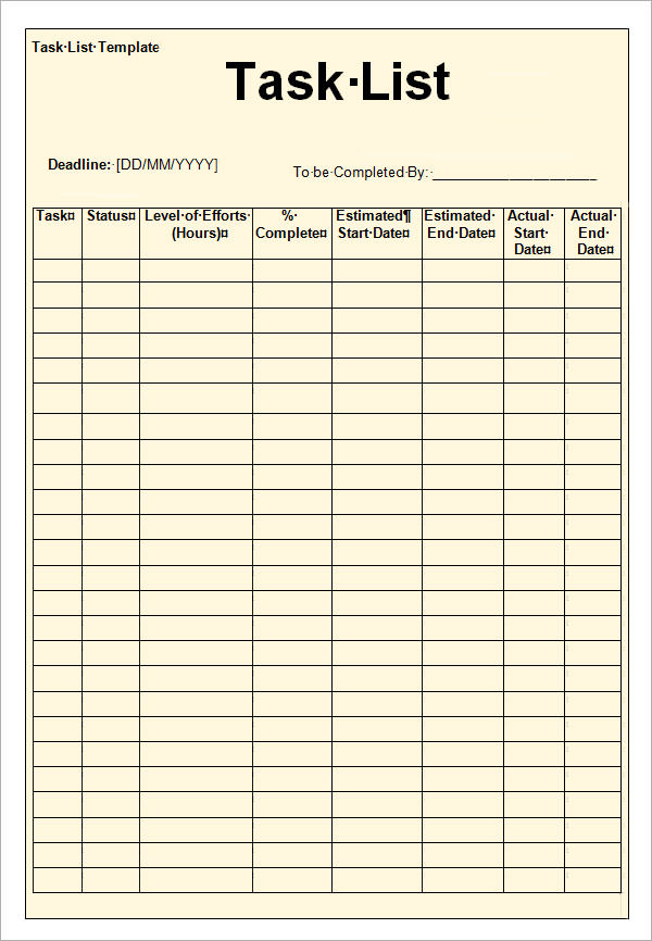 Task List Template Printable