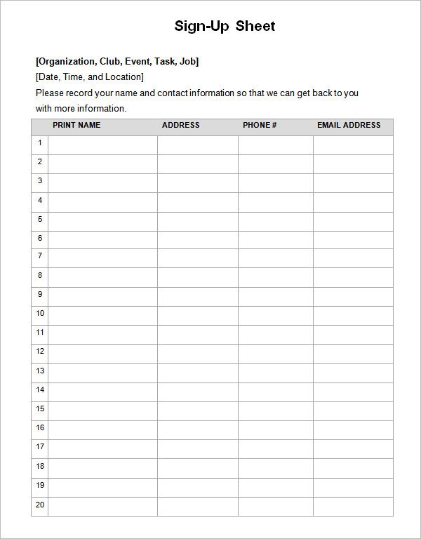 Free Printable Sign Up Sheet Template Printable Templates