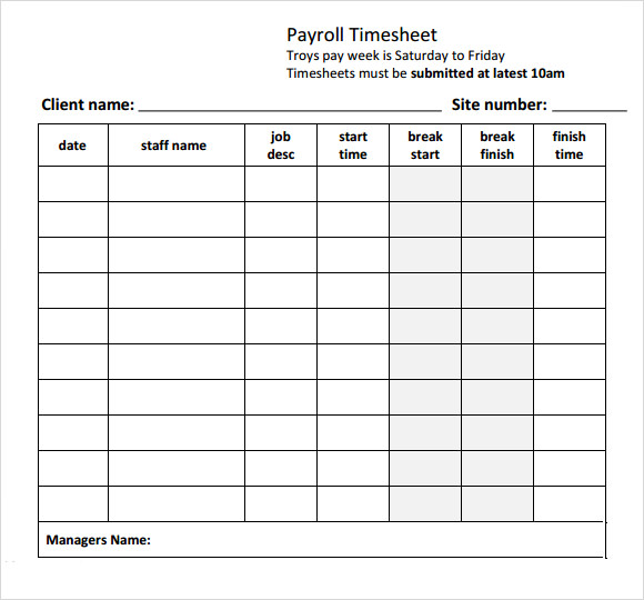 Payroll Timesheet Template 8 Free Download For PDF Excel Sample 