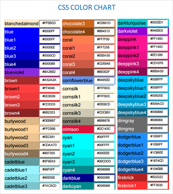 FREE 5 Sample CSS Color Chart Templates In PDF MS Word 21060 Hot 