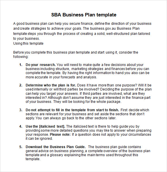 Sample SBA Business Plan Template 9 Free Documents In PDF Word