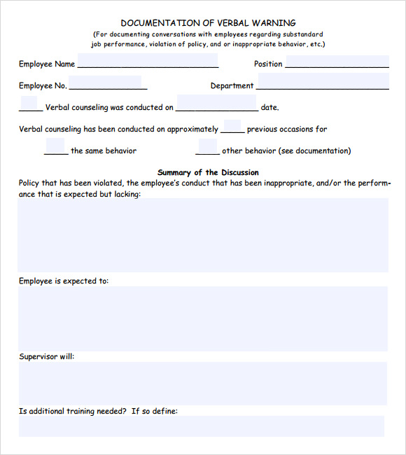 Sample Verbal Warning Template 6 Documents In PDF