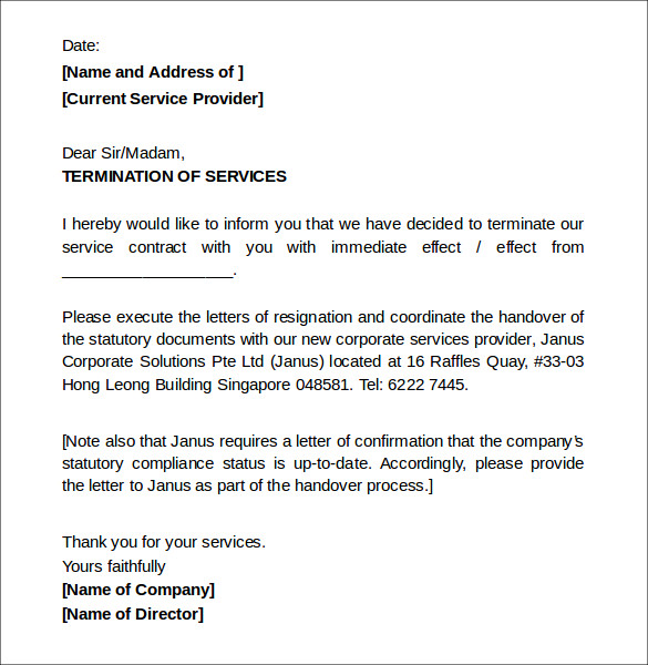 Sample Termination Letters 8 Termination Of Services Letters 