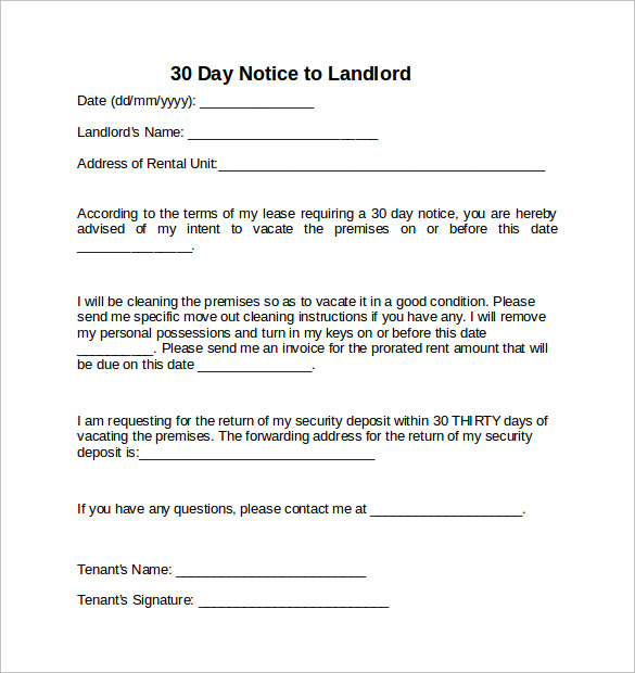 30 Days Notice Letter To Landlord 7 Download Free Documents In Word Sample Templates
