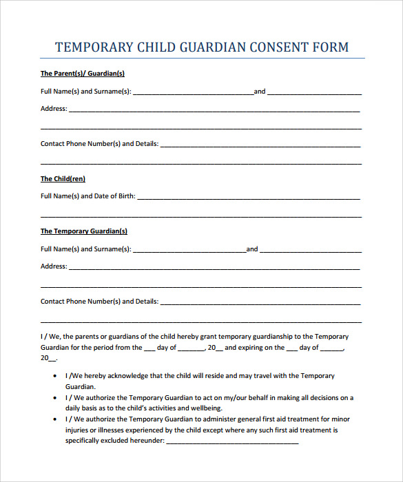 Sample Temporary Guardianship Form 9 Download Documents In PDF Word