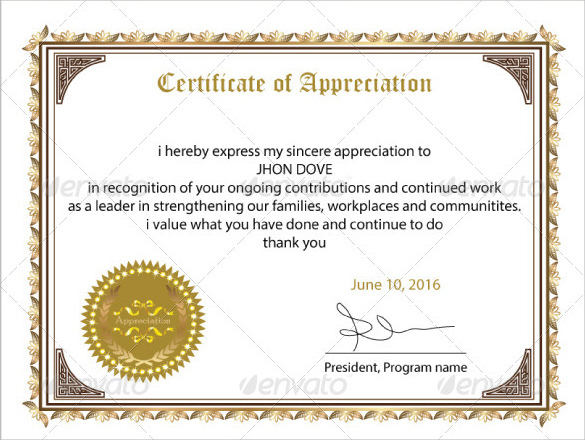 Sample Certificate Of Appreciation Temaplate 12 Download Documents 