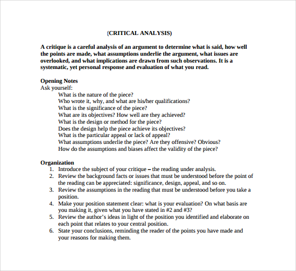 Critical Analysis Template 8 Download Free Documents In PDF