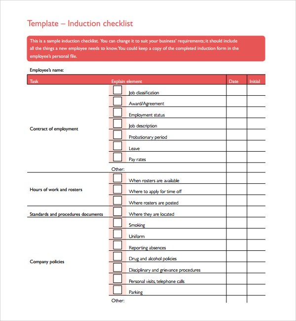 Sample Induction Checklist Template 9 Free Documents In PDF Word