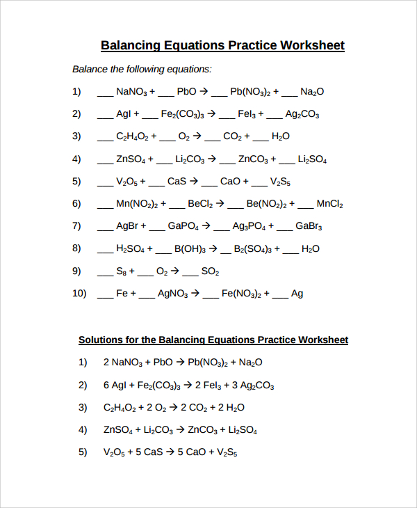 Sample Balancing Equations Worksheet Templates 9 Free Documents 