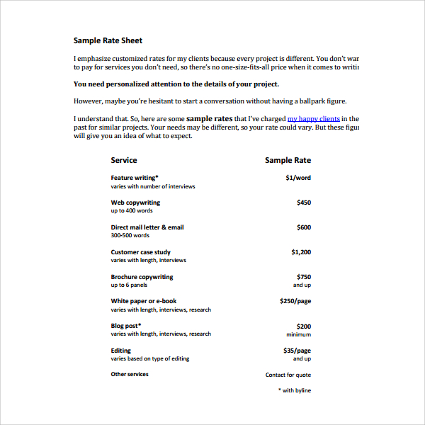 Sample Rate Sheet Template 6 Free Documents In PDF
