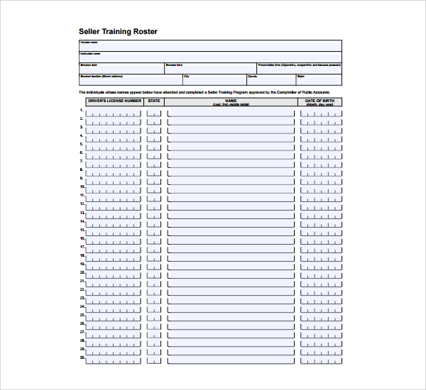  Sample Training Roster Template 7 Free Documents Download In PDF