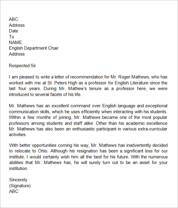 18 Letter Of Recommendation For Teacher Samples PDF DOC Sample