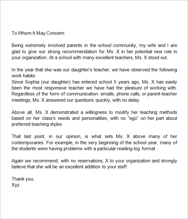 18 Letter Of Recommendation For Teacher Samples PDF DOC Sample