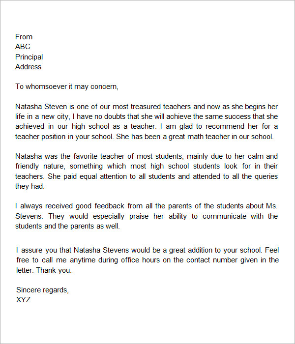 18 Letter Of Recommendation For Teacher Samples PDF DOC Sample 