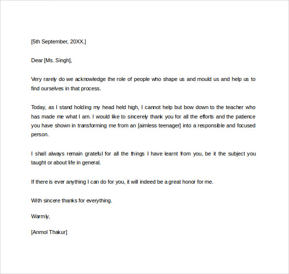 Teacher Appreciation Letter Template