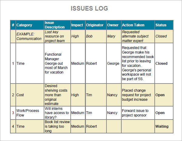 Issue Log Templates 9 Free Printable Word Excel PDF Formats 