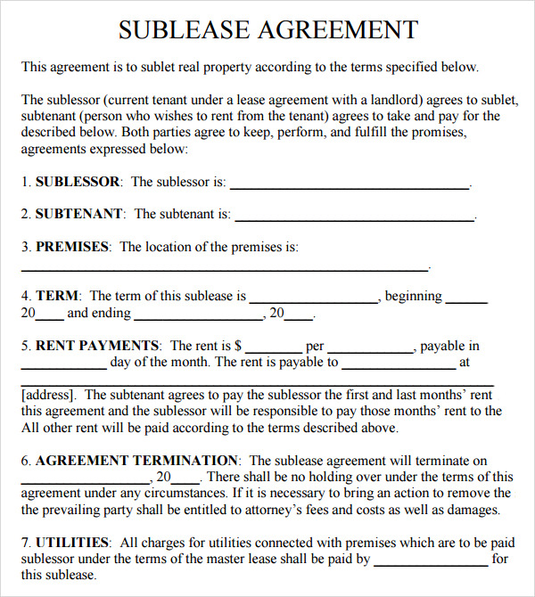 Sublease Agreement Template Free Agreement Templates