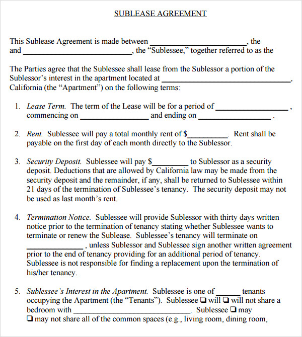 Sublease Agreement Template | Free Agreement Templates