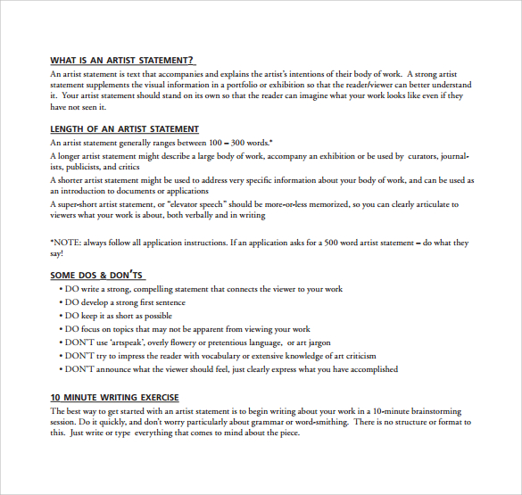 10 Sample Free Artist Statements Sample Templates