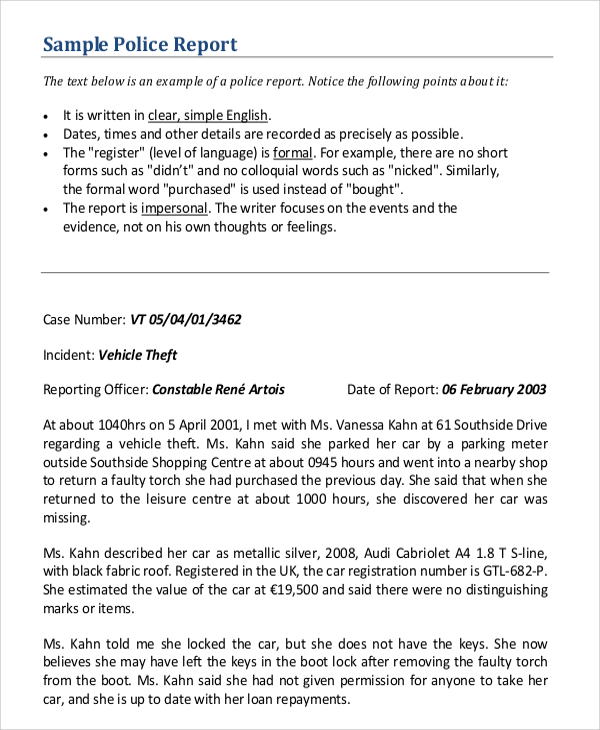 FREE 4 Sample Police Reports In PDF