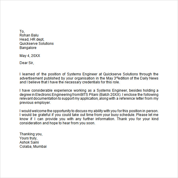 7 Sample Cover Letter For Job Applications Simple Cover Letter