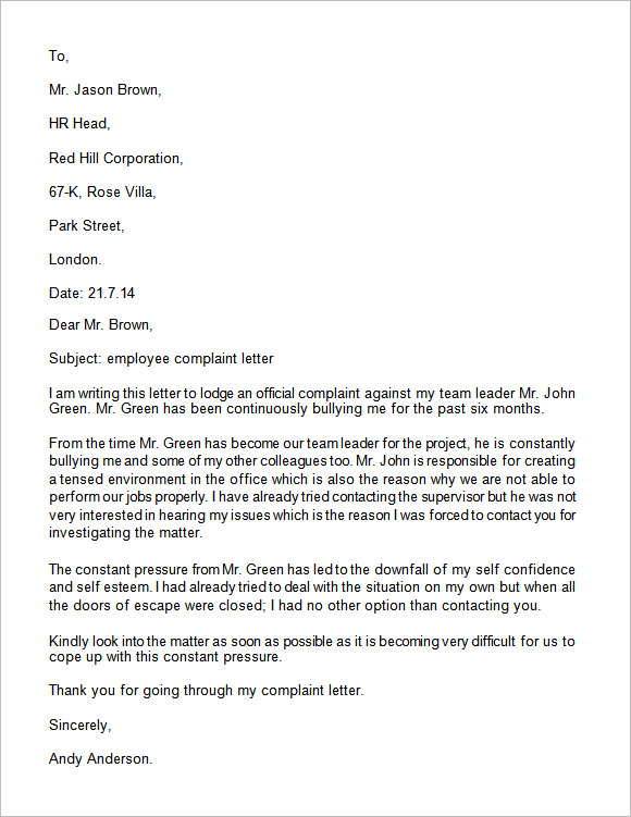 Letter Of Complaint To Employer Collection Letter Template Collection