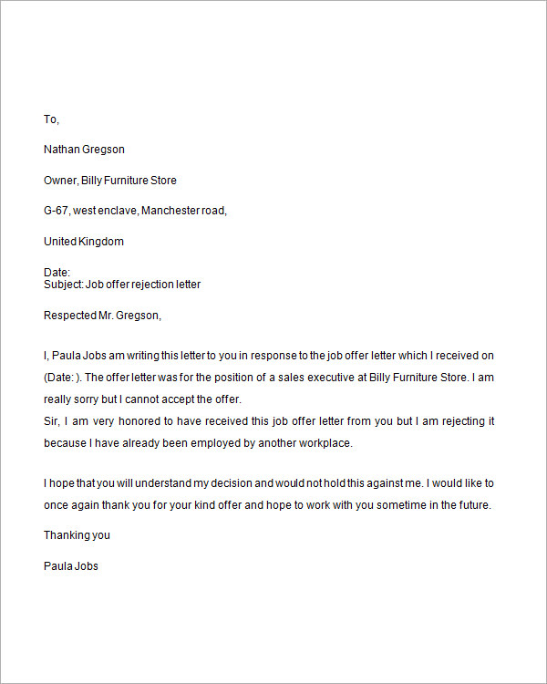 FREE 7 Sample Job Rejection Letter Templates In MS Word PDF