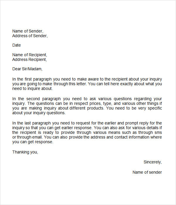 10 Inquiry Letter Samples Printable Word PDF Formats