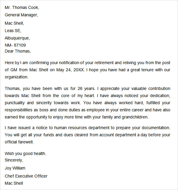 Sample Retirement Letter To Manager