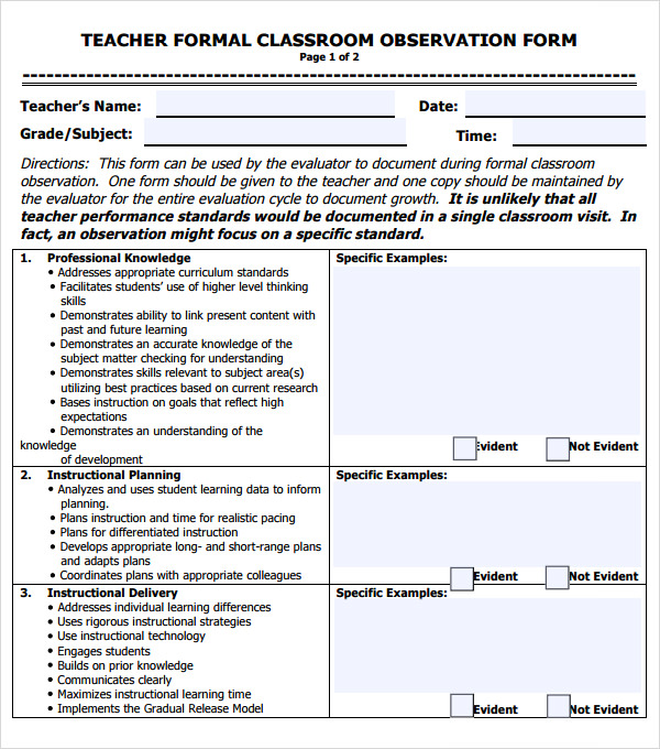 FREE 7 Sample Teacher Evaluation Forms In PDF