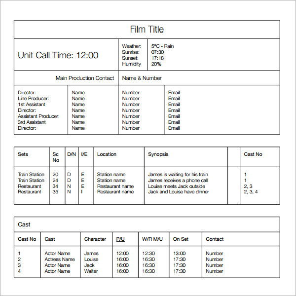 Film Call Sheet Template Word Sample Professional Template