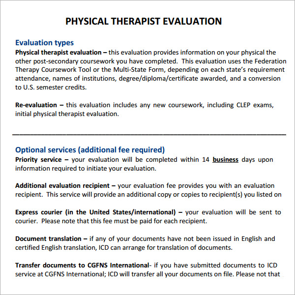 FREE 5 Sample Physical Therapy Evaluation Templates In PDF
