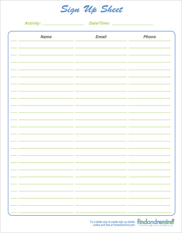 FREE 33 Sample Sign Up Sheet Templates In PDF MS Word Apple Pages Excel