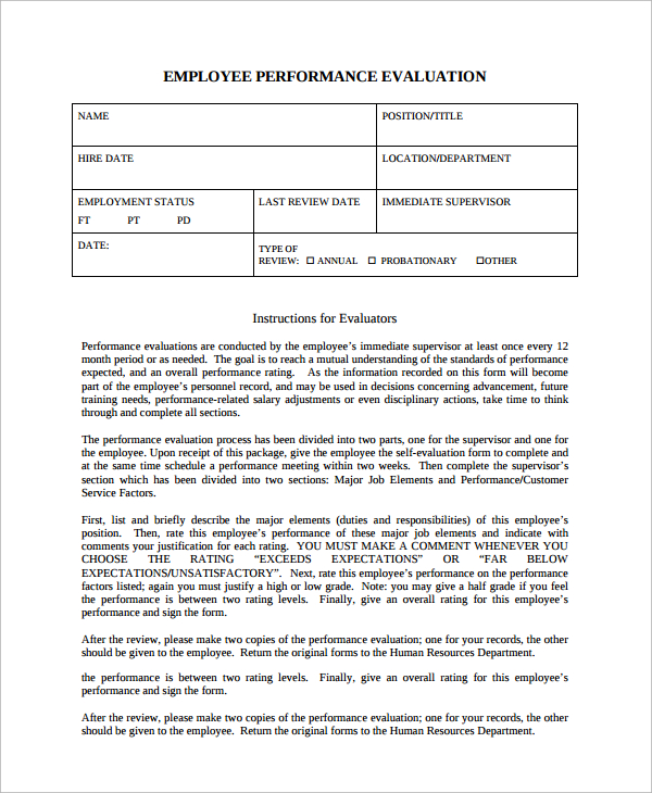 8 Employee Performance Evaluation Templates Sample Templates