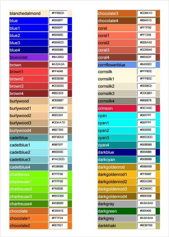 Sample HTML Color Code Chart 5 Documents In PDF