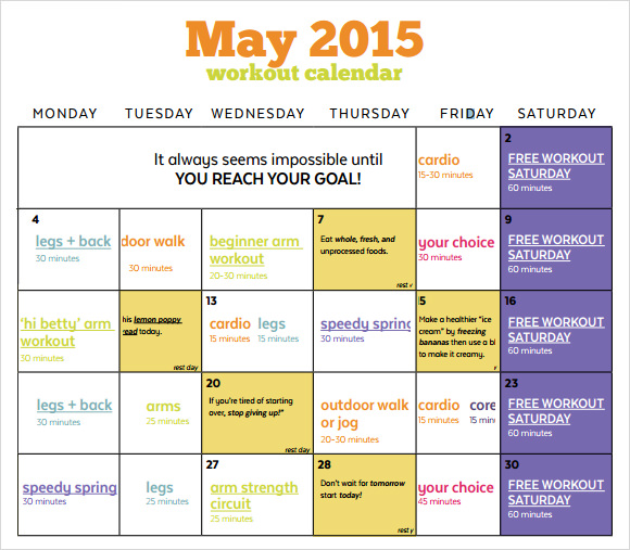 FREE 10 Sample Workout Calendar Templates In PDF MS Word