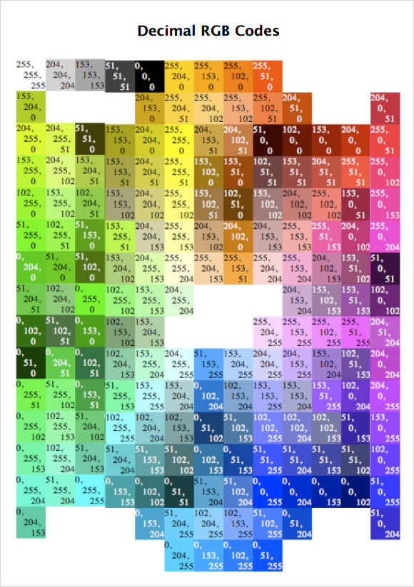 Rgb Color Chart Decimal Rgb Color Codes Chart