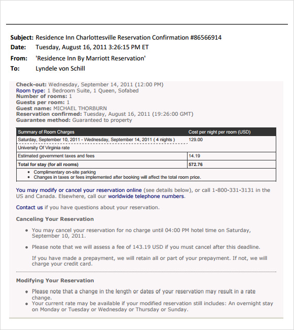 Hotel Reservation Confirmation Email Template PDF Template