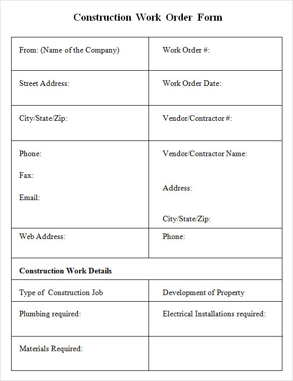 FREE 9 Sample Construction Work Order Forms In PDF