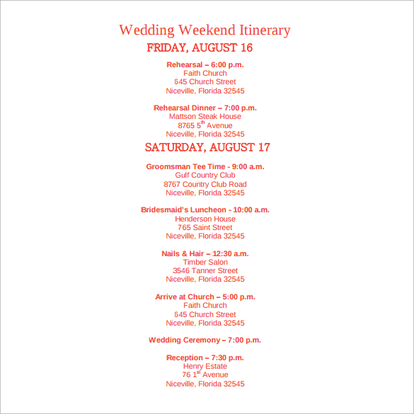 FREE 12 Sample Wedding Weekend Itinerary Templates In PDF MS Word PSD