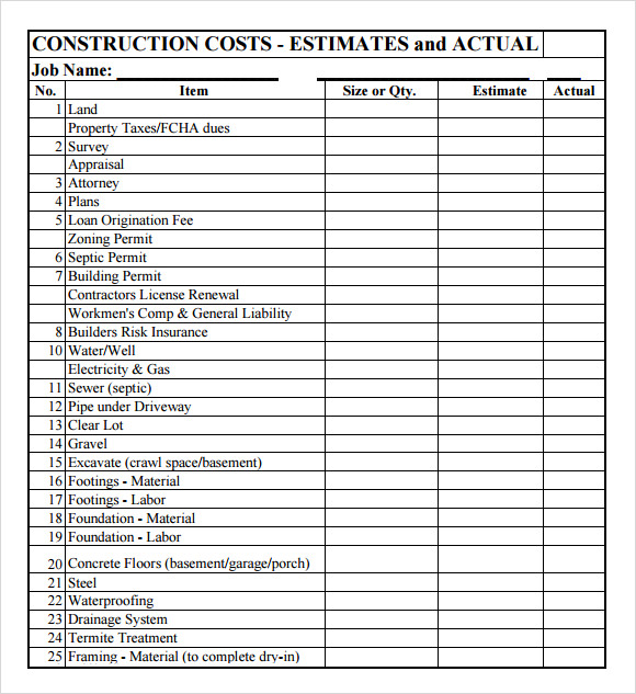 Printable Home Construction Budget Spreadsheet