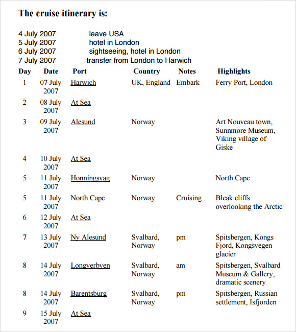 FREE 7 Cruise Itinerary Samples In PDF MS Word