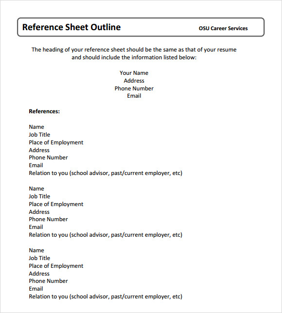 FREE 12 Sample Reference Sheet Templates In PDF MS Word