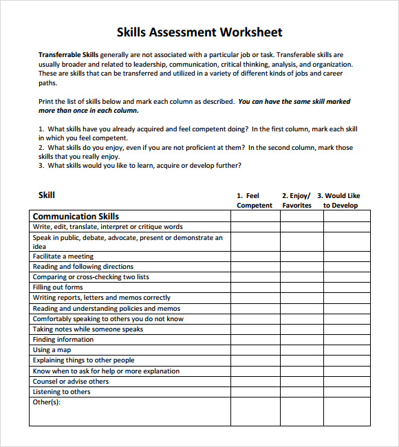 Free Skills Assessment Template Printable Templates