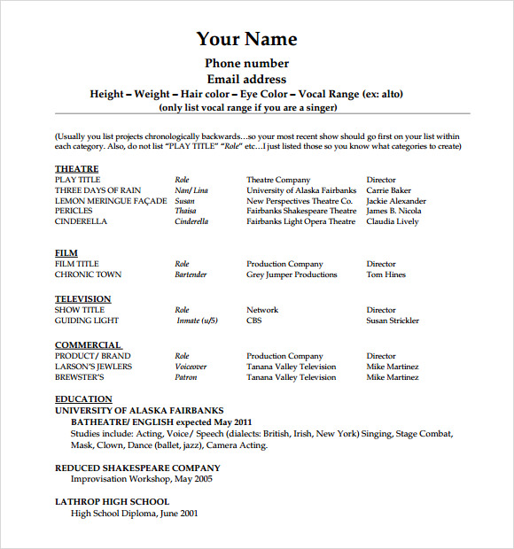 FREE 20 Useful Sample Acting Resume Templates In PDF MS Word PSD 