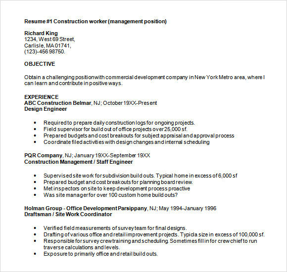 6 Sample Construction Resumes Sample Templates