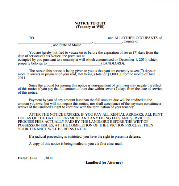 Notice To Quit Sample HQ Printable Documents