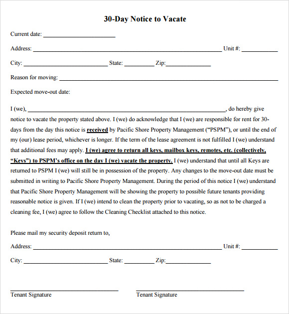 Free Printable 30 Day Notice To Vacate Printable Templates